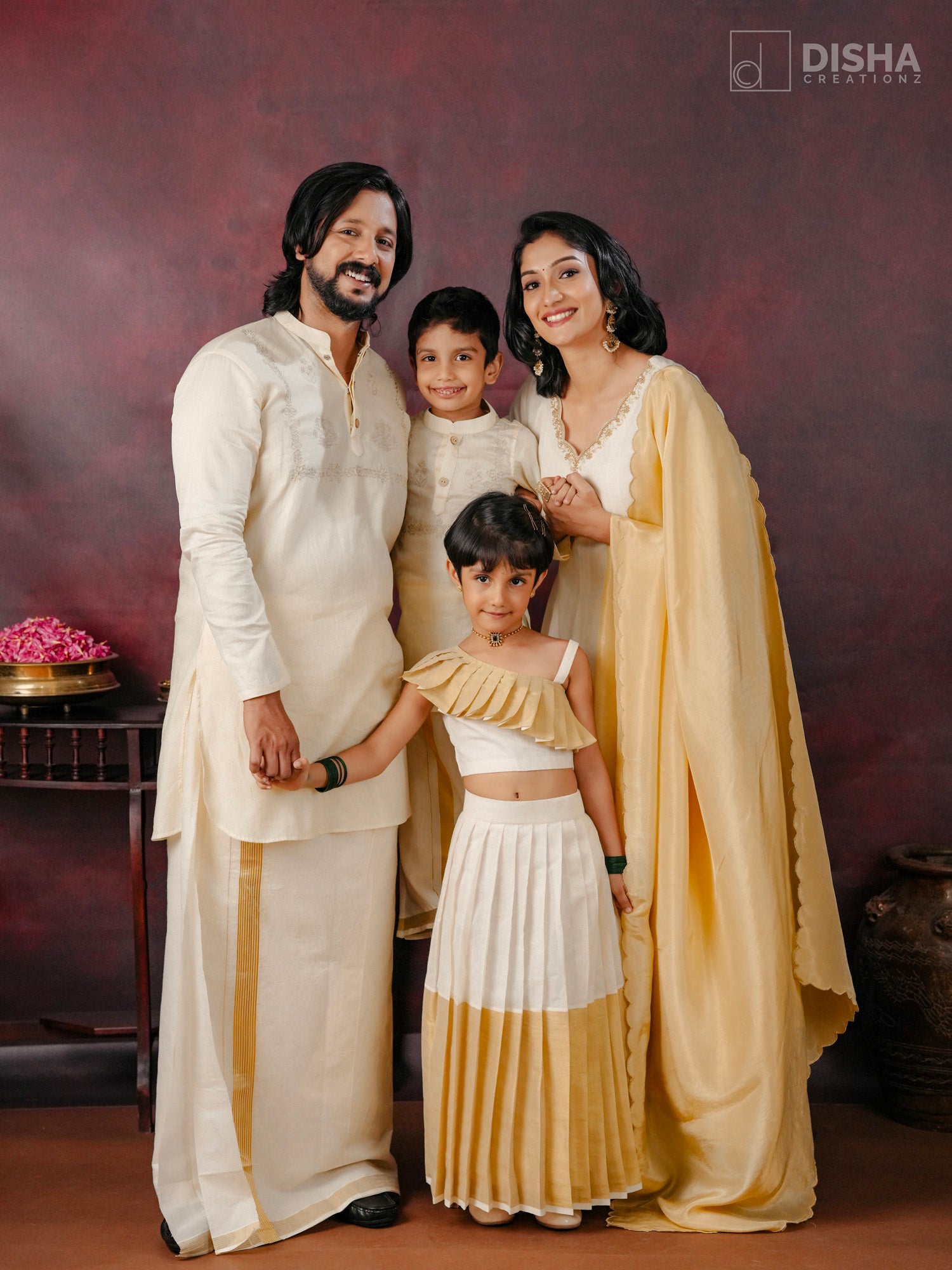 Elegant Family Combo for Onam – Coordinated Cream & Gold Ethnic Wear ...