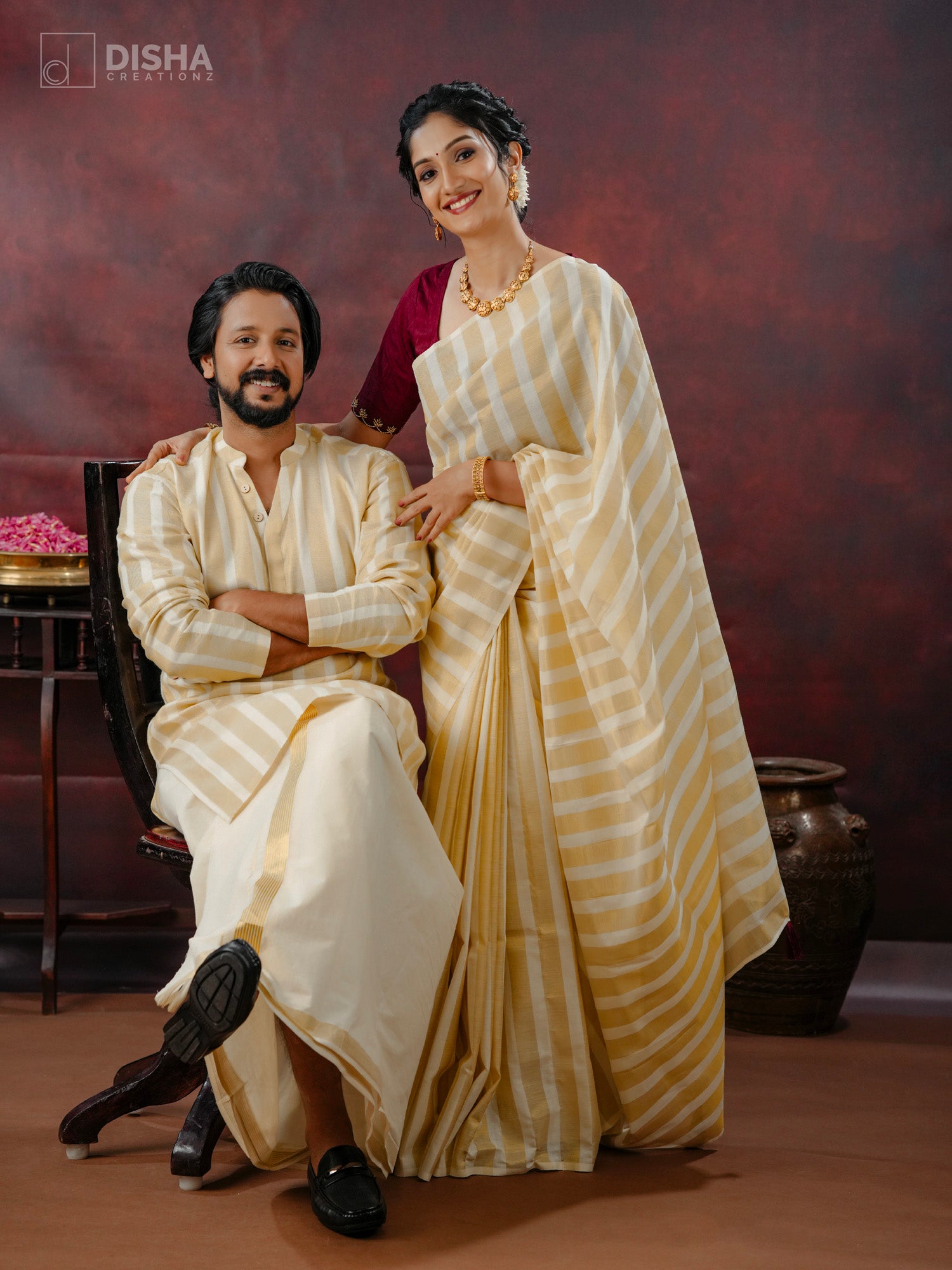 Elegant Onam Couple Combo in Cream & Coffee Brown – DishaCreationz