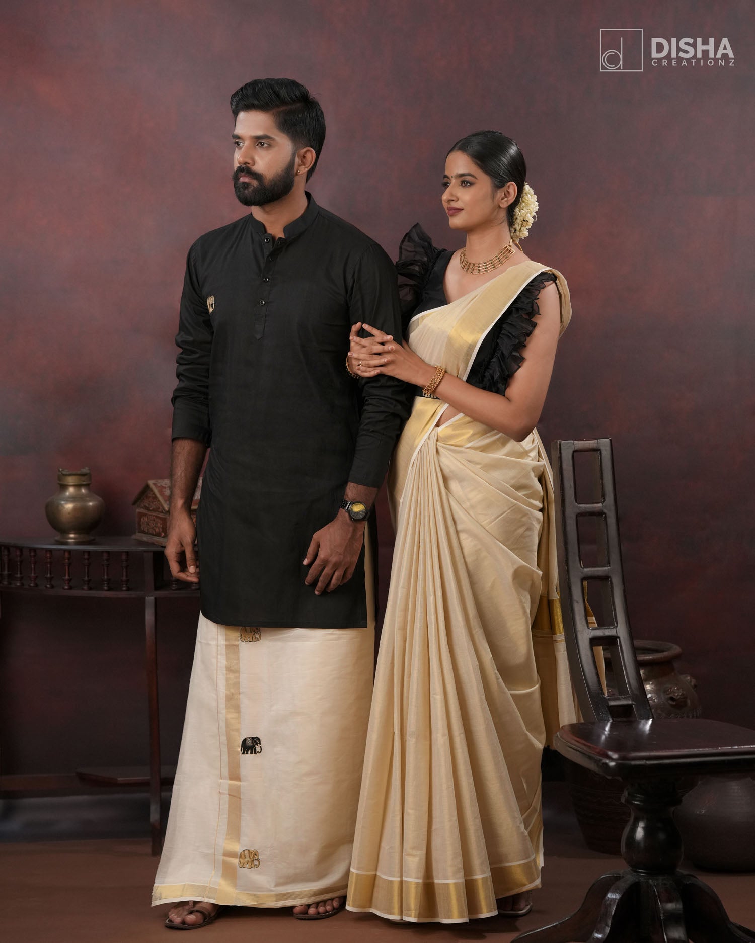 Elegant Onam Couple Combo with Elephant Hand Embroidery in Black & Gold ...