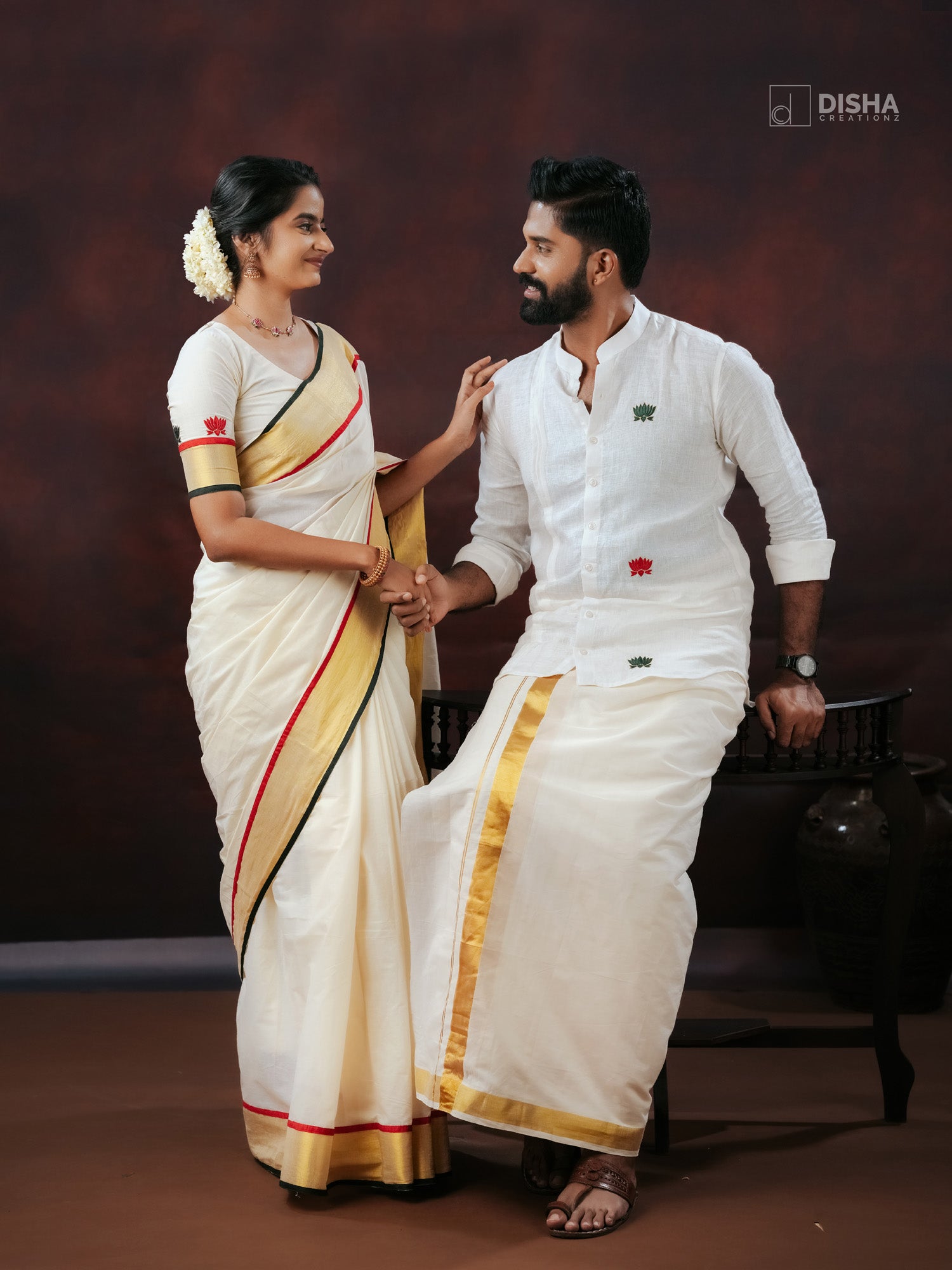 Onam Couple Combo with Lotus Hand Embroidery – DishaCreationz